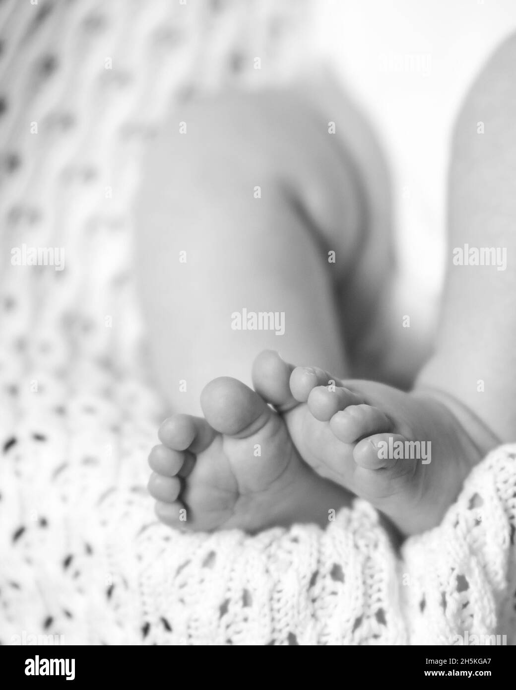 Close up photography of baby toes and feet. Knitted white blanket as ...