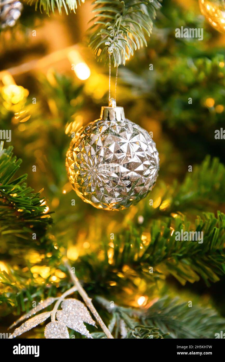 Classic Christmas decorated New year tree. Christmas tree with wite and ...