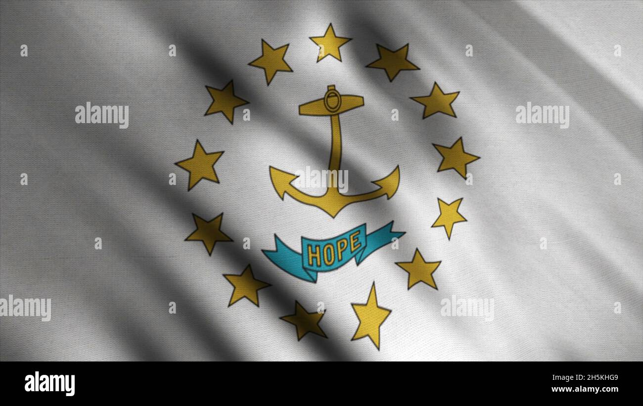 Abstract Rhode Island flag waving in the wind. The flag is white and ...