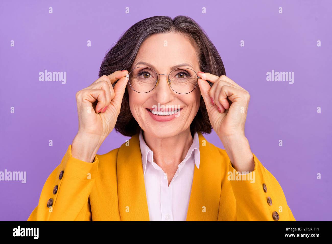 Photo of friendly professor white old lady wear eyewear yellow jacket ...