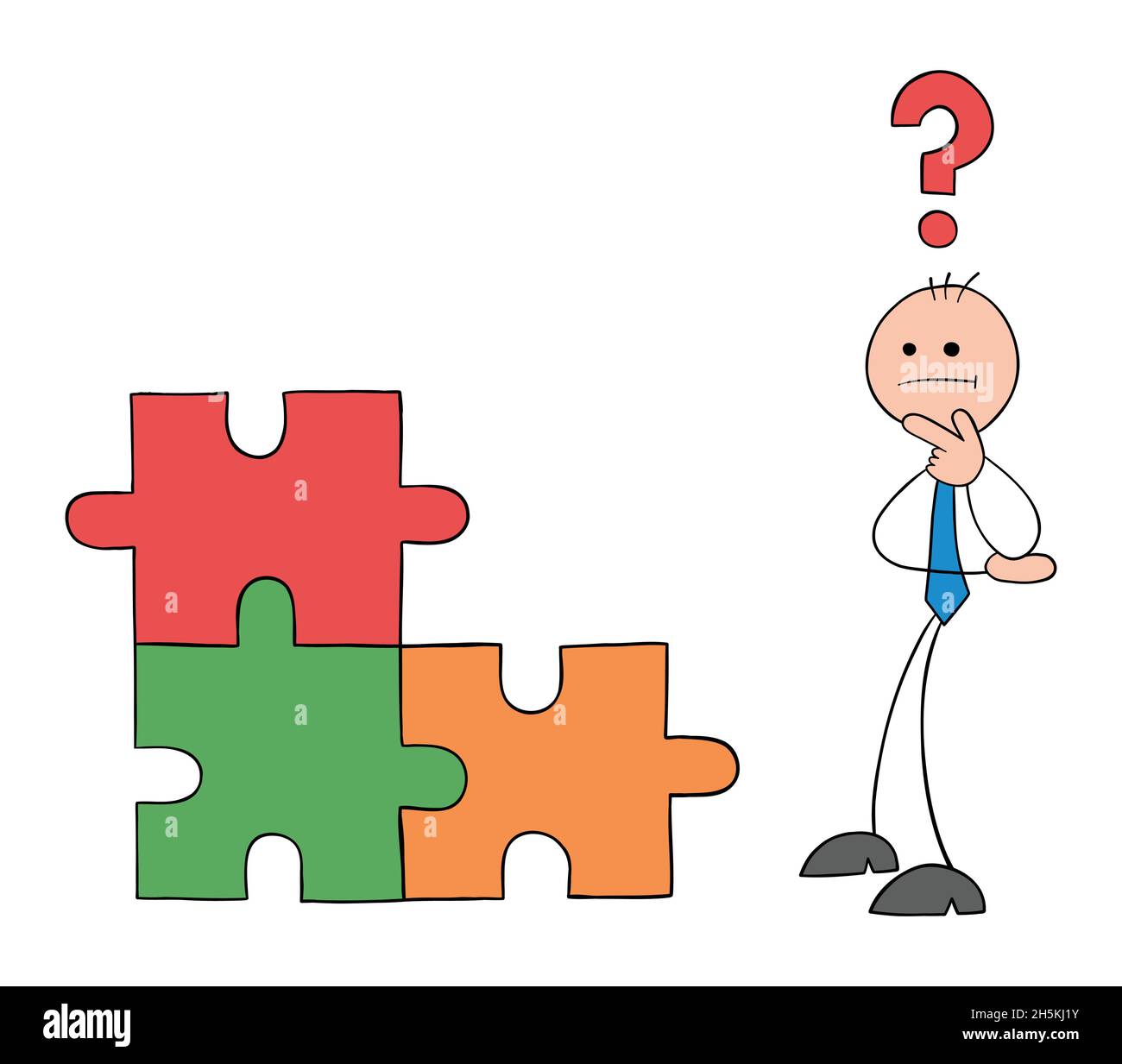 Teamwork, stickmen businessmen is thoughtful about the missing puzzle ...