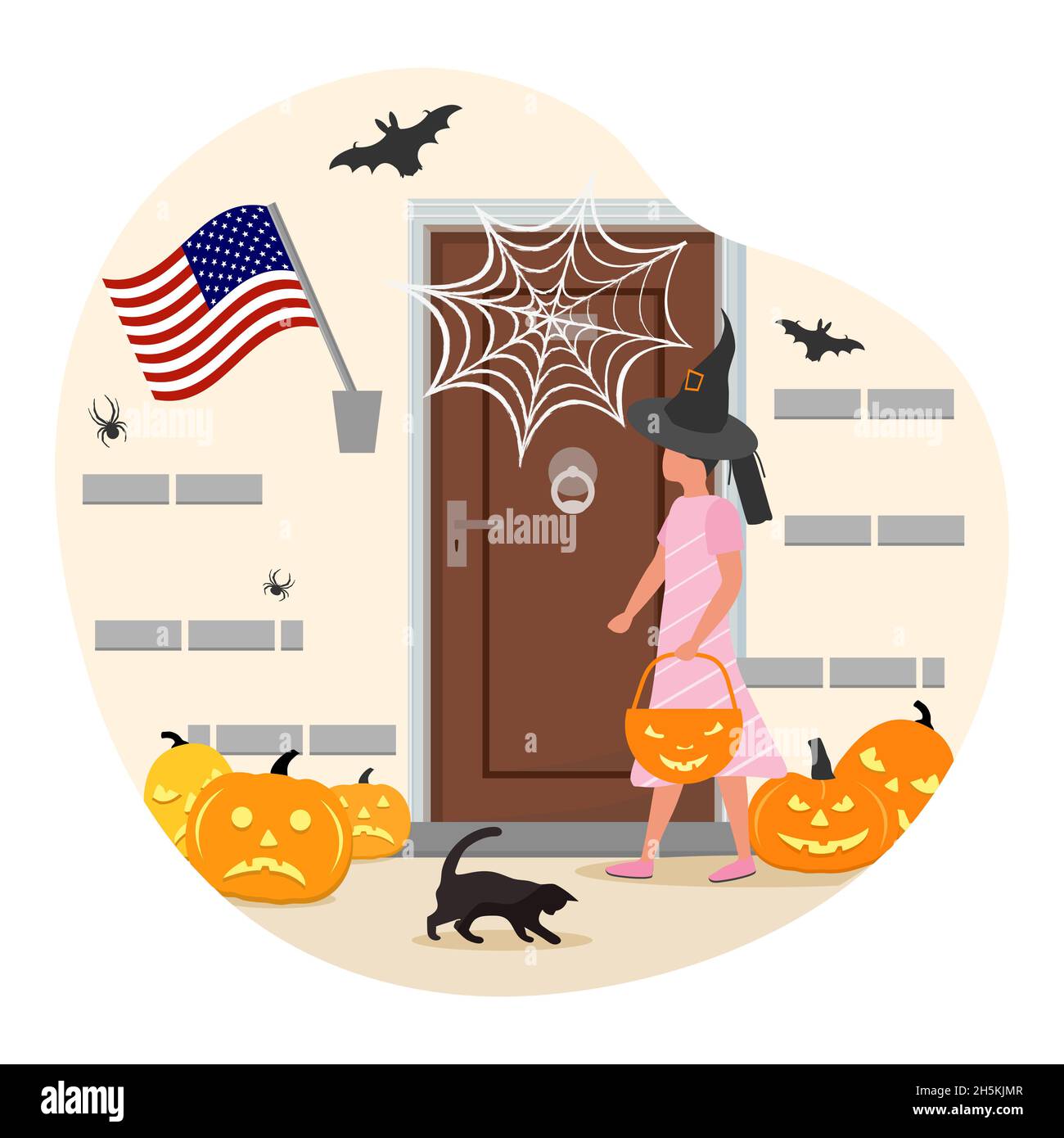 Vector illustration Happy Halloween. Girl wearing festive clothes ...