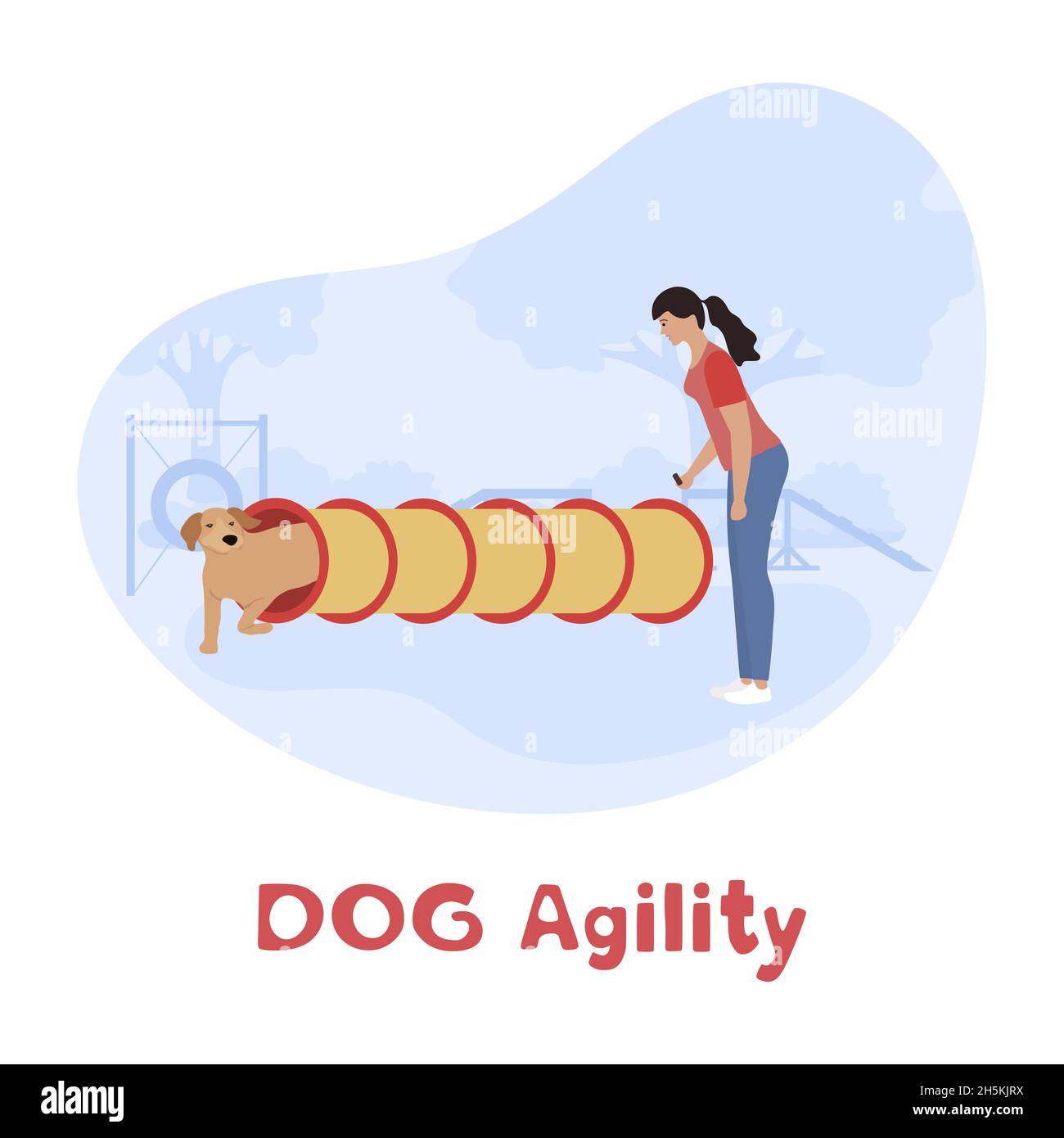 Vector illustration Woman training her dog on agility field. Playing ...