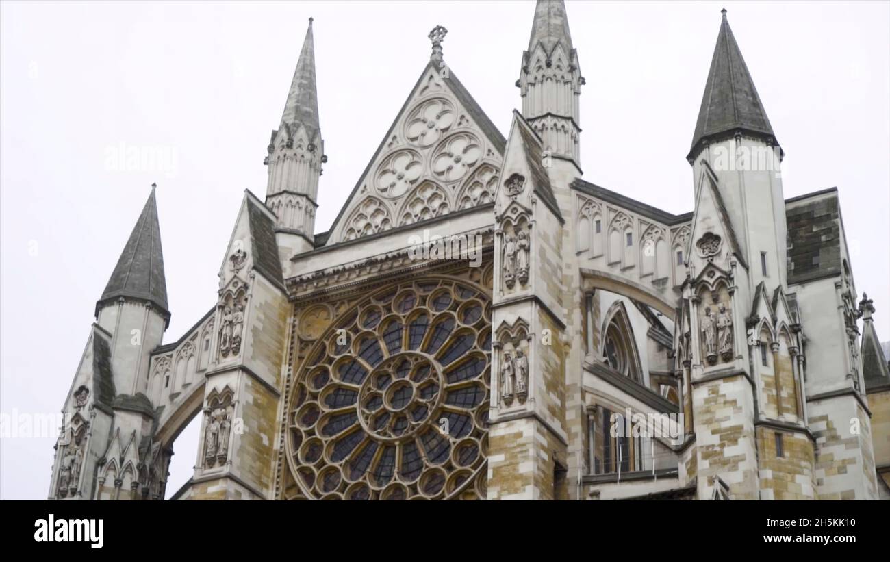 Bottom view of Gothic architecture of European Abbey. Action. Beautiful ...
