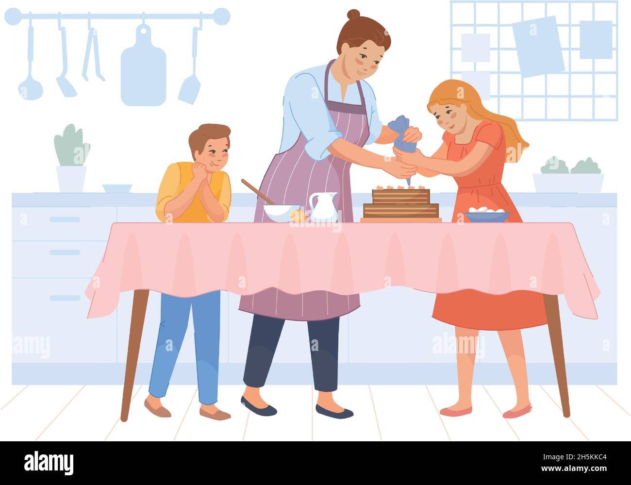 Children help mom make cake. Mother chef and child preparing bake on ...