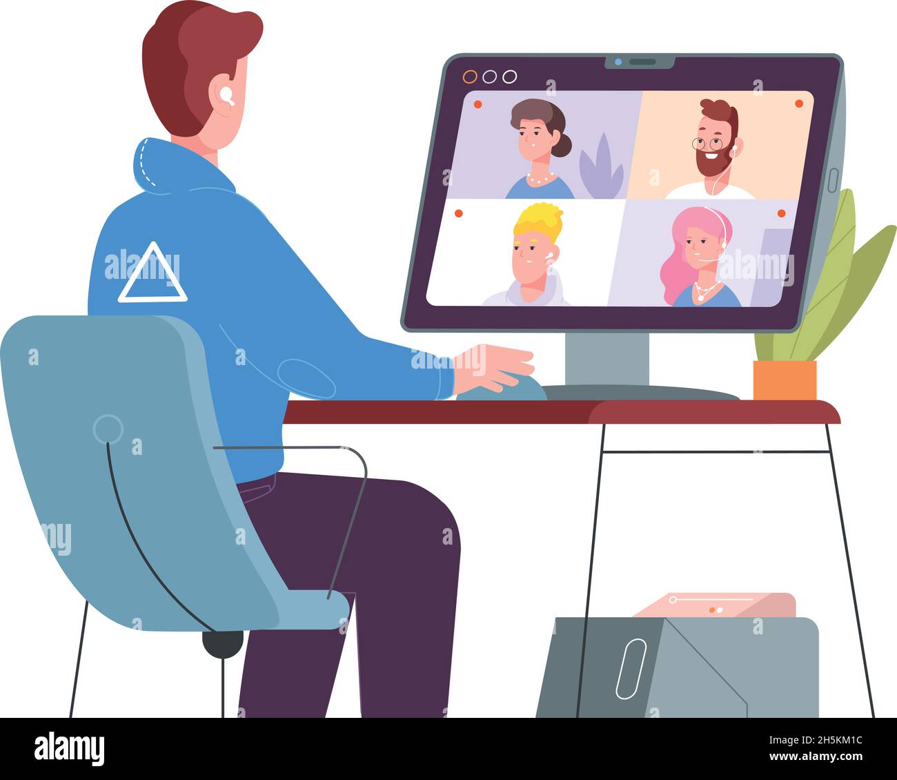 Distant training. Virtual discussion of remote working team, vector ...