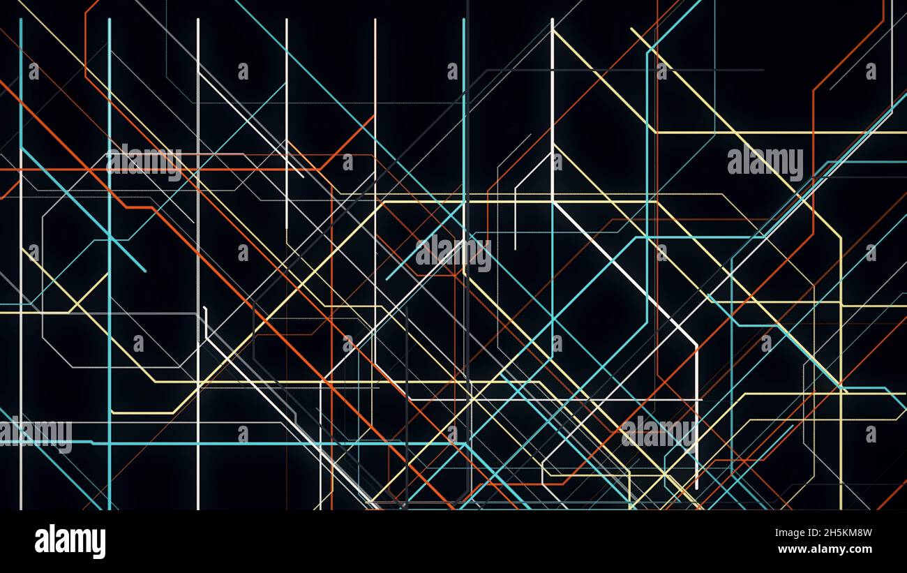 Electronic metro map. Animation. Neon lines move along specified route ...