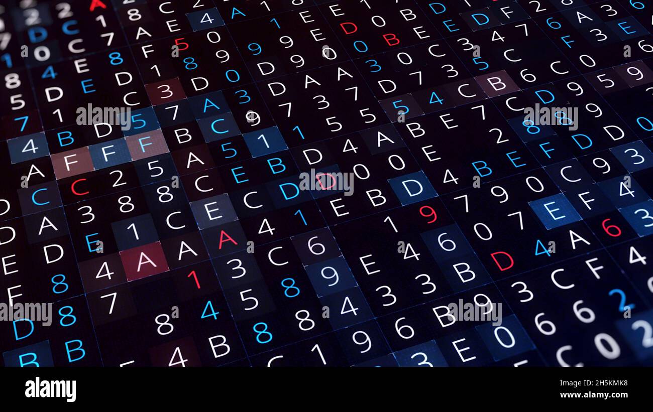 Multi-colored numbers in computer space. Animation. Database with numeric cells and letters of ...