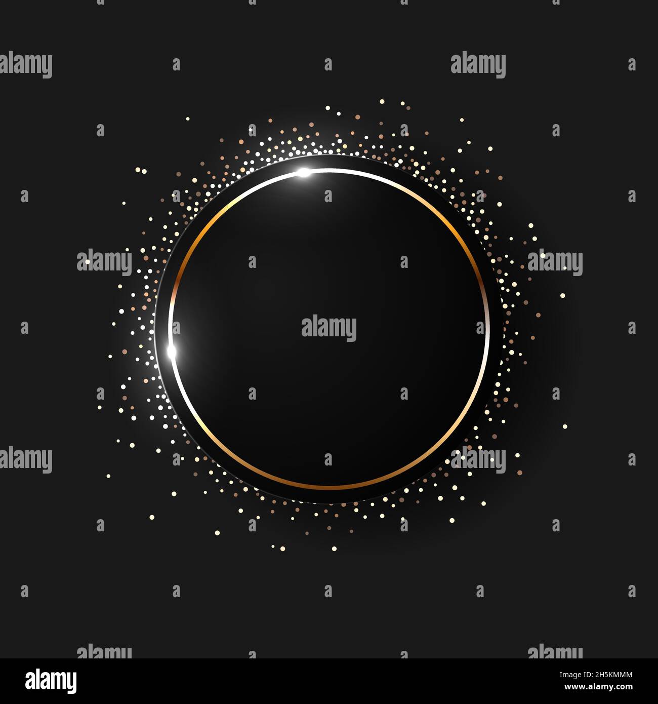 Golden sparkling ring with golden glitter isolated on black background. Vector golden frame ...