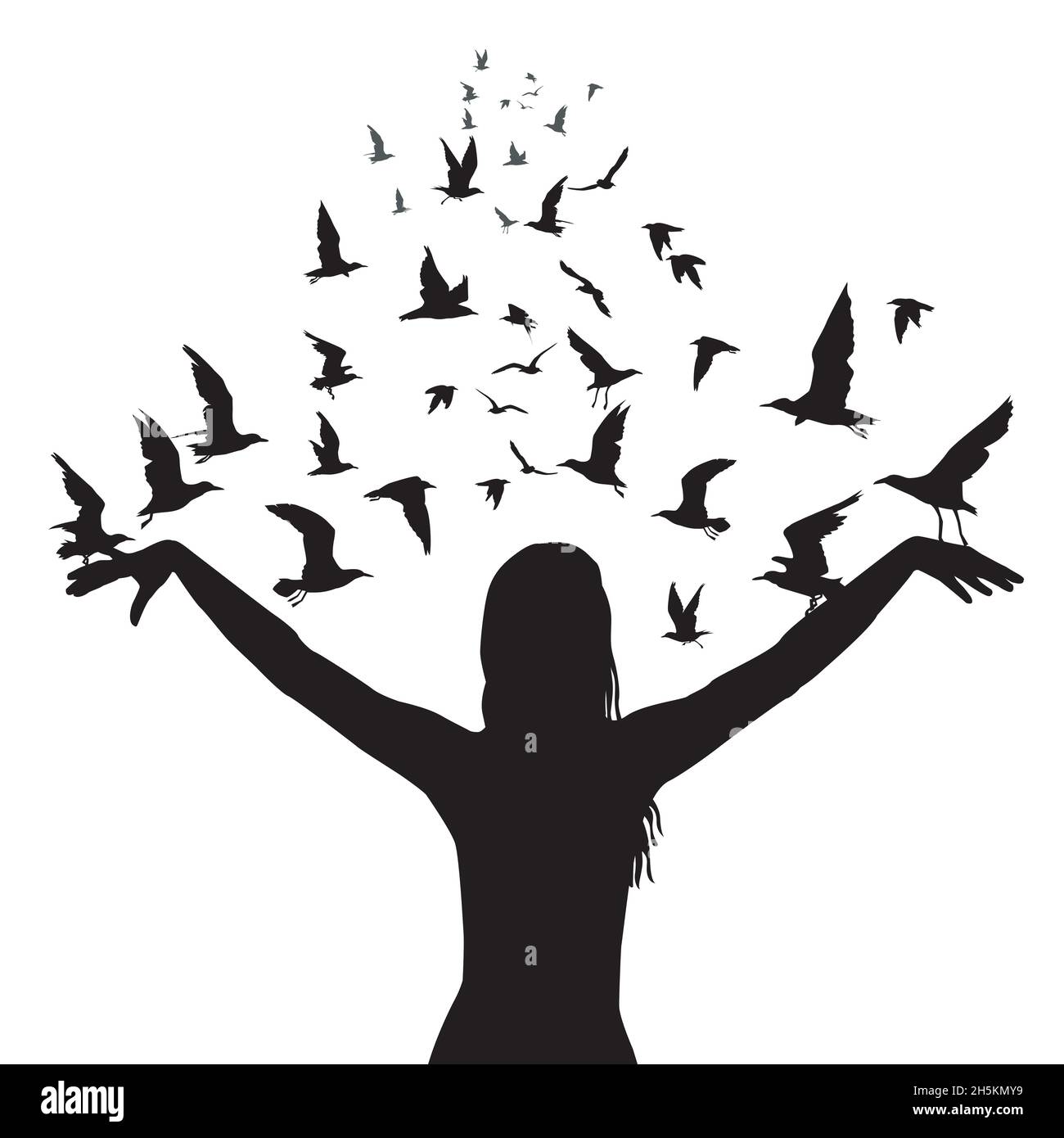Learning to fly abstract concept with silhouettes of woman and birds ...