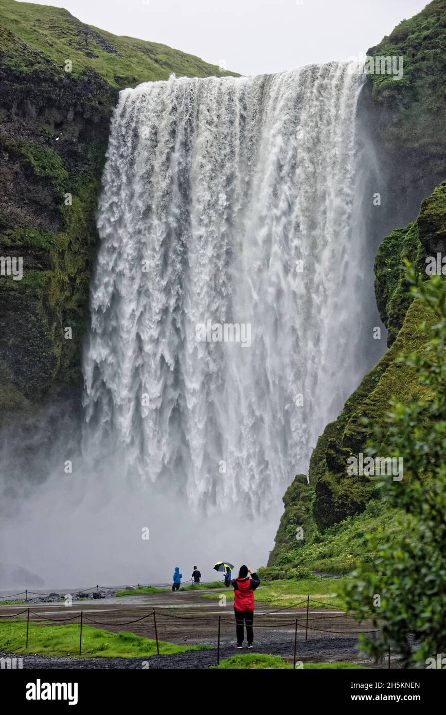 Seljalandsfoss waterfall plunging 60m from the cliff above, Sudhurland ...