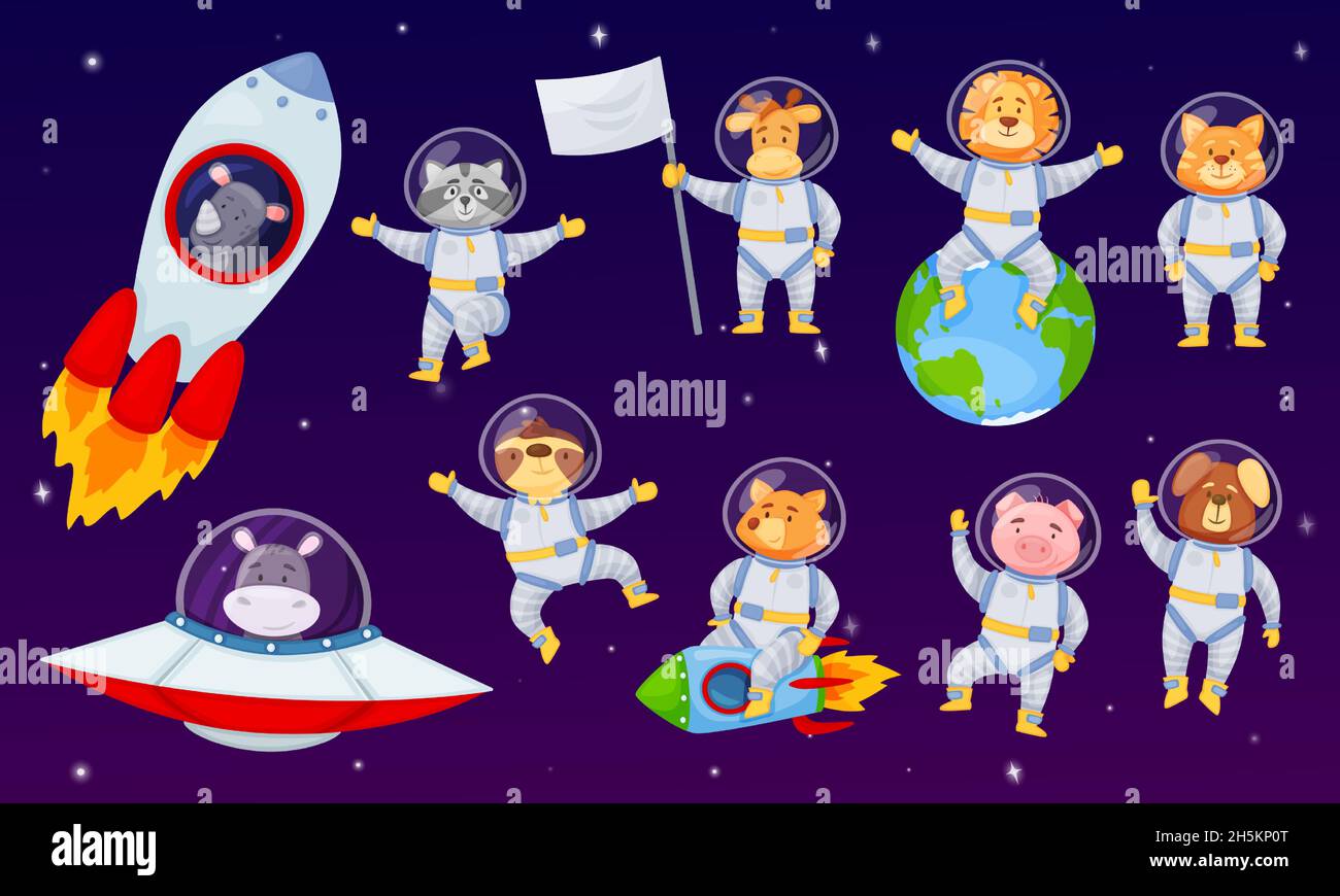 Cartoon cute astronaut animals in spacesuits flying in space. Funny ...