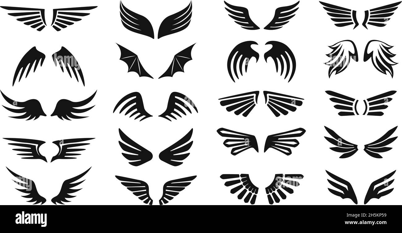 Pair of wings icon, flying birds wing silhouette logo. Black heraldic ...