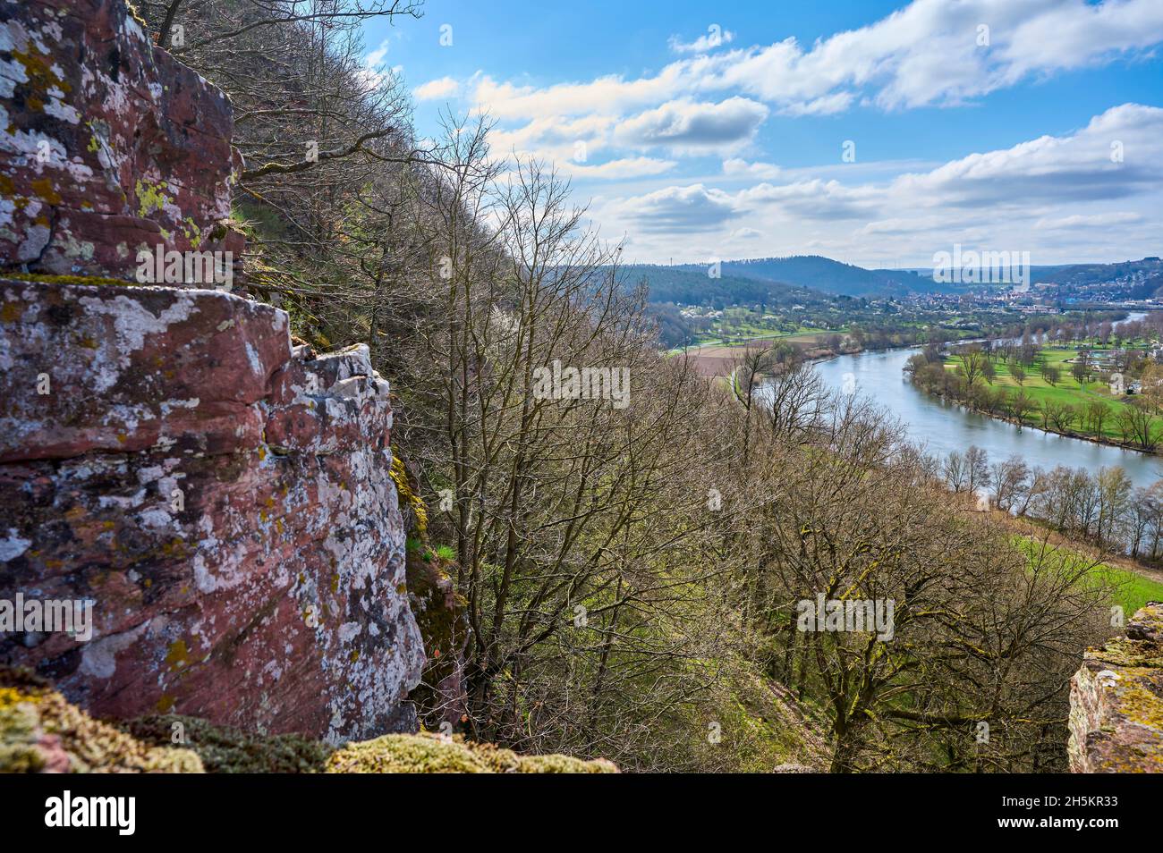 River Main in springtime flowing through the valley and town of ...