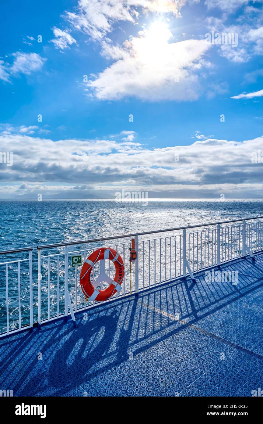 View of ship deck of the island ferry Norrona with a view of Faroe ...