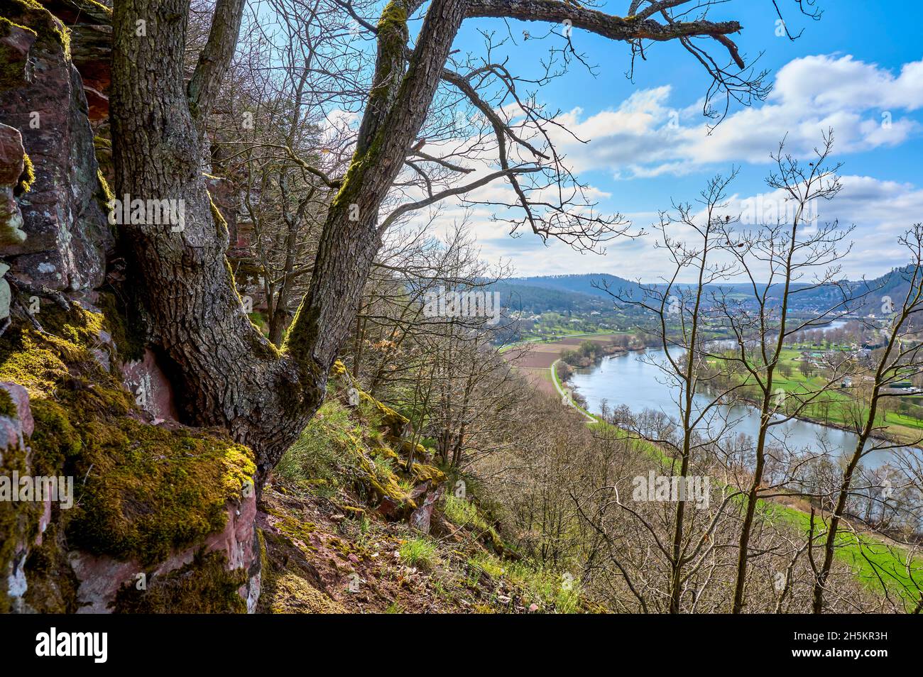 River Main in springtime flowing through the valley and town of ...