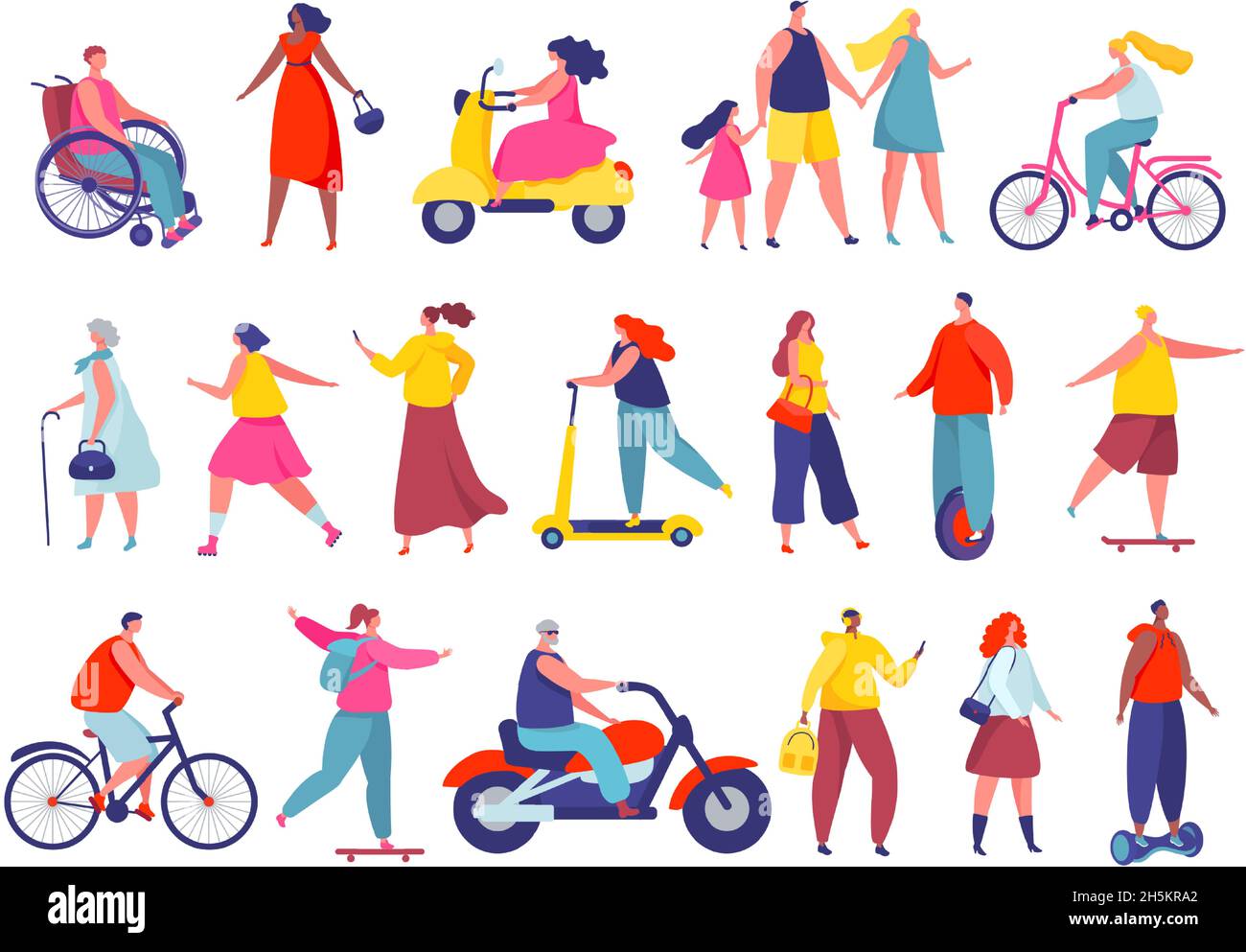 People walking on city street, running or riding bicycle. Active ...