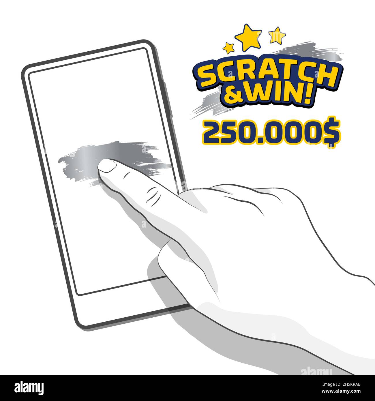 Illustration of hand playing scratch card on the mobile, white. Idea ...