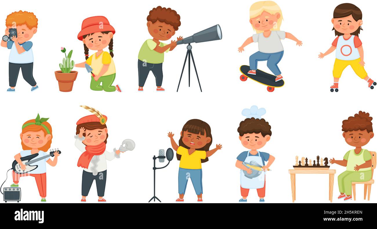 Cartoon kids with various hobbies and activities, creative children ...