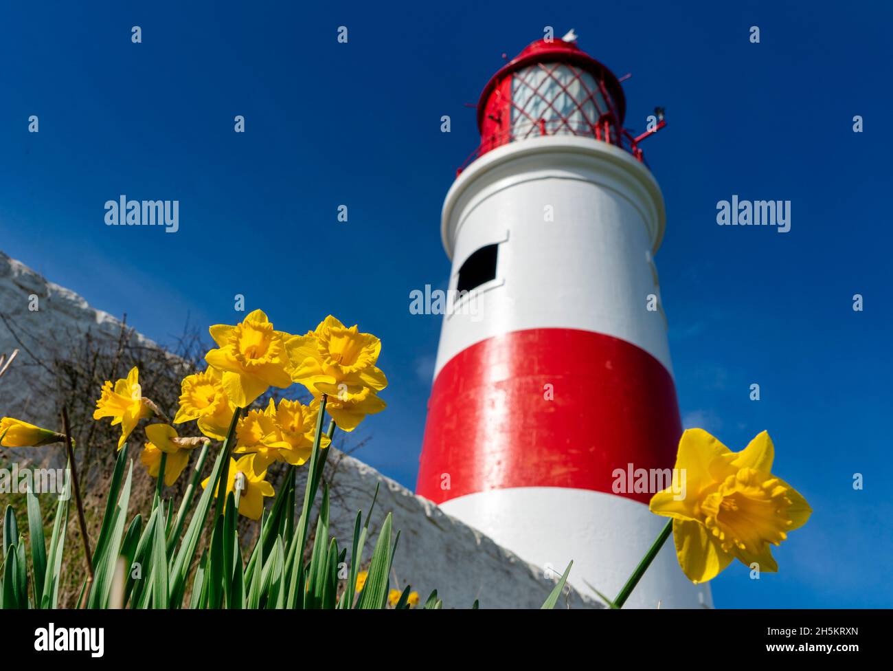 Low angle view of Souter Lighthouse against a bright blue sky with ...