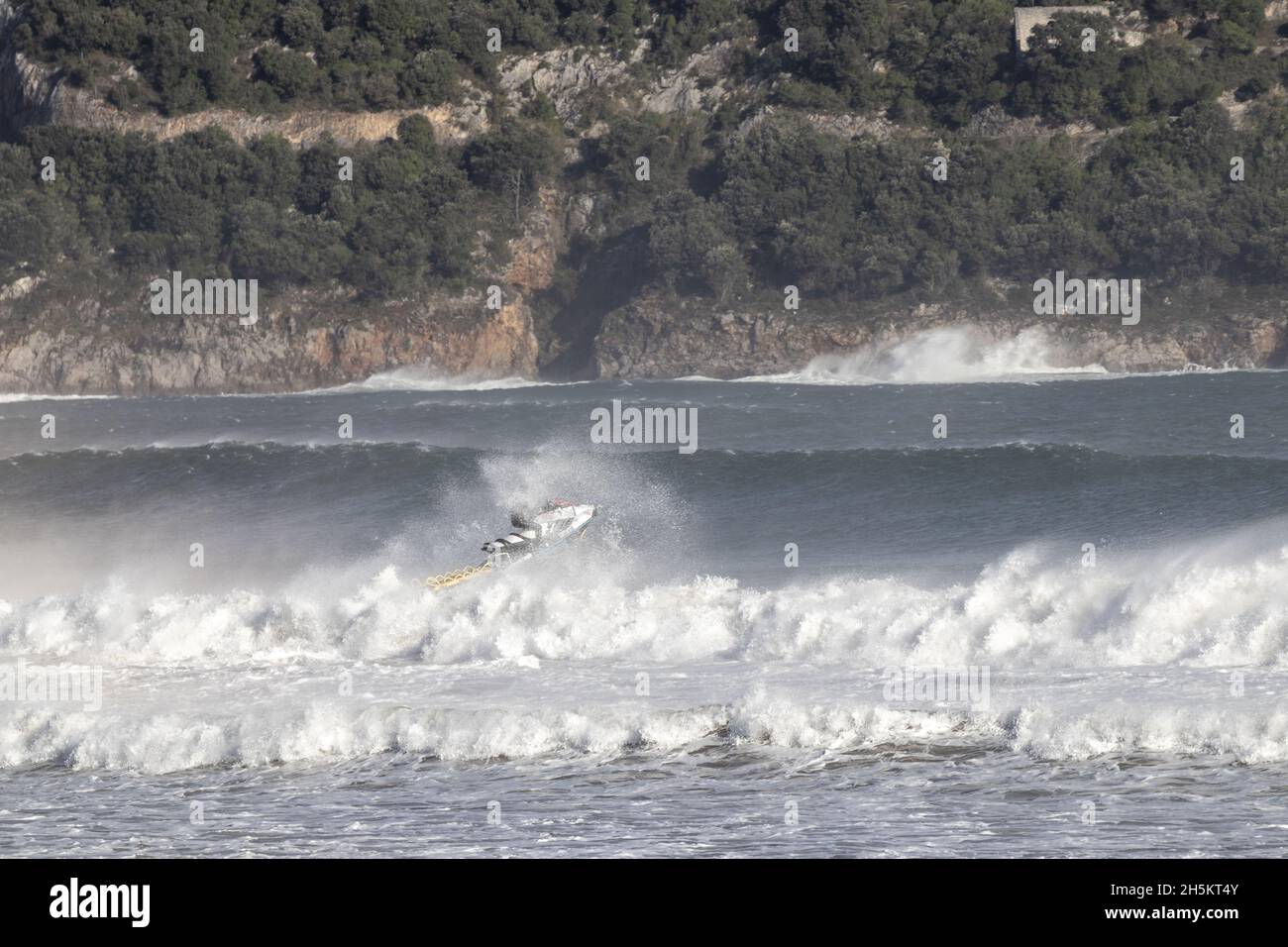 LAREDO, SPAIN - Oct 03, 2021: A person riding on a jet ski on Laredo ...