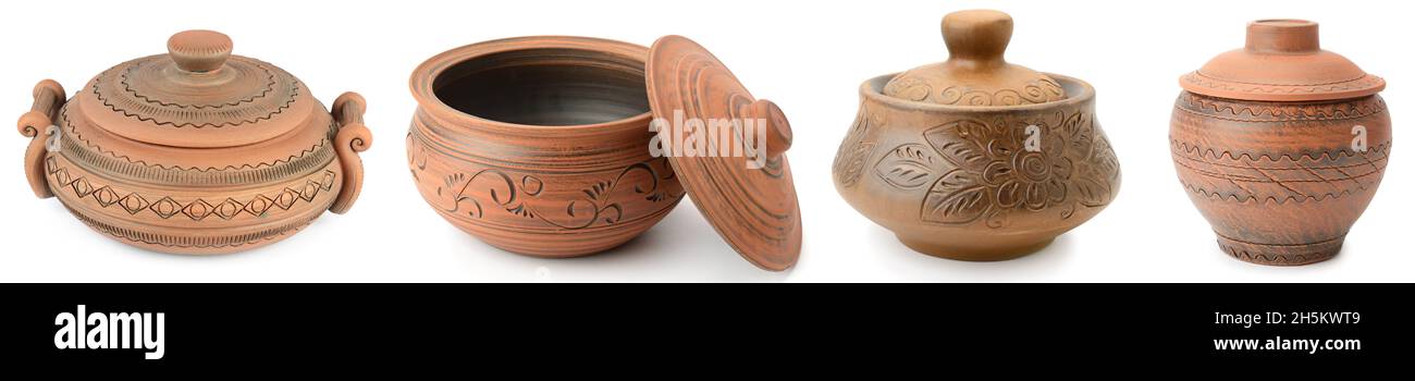 Ceramic pots with lids isolated on white background Stock Photo - Alamy
