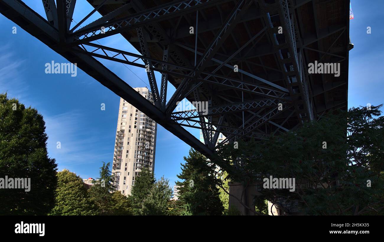 Low angle view of steel truss bridge Burrard Street Bridge, spanning ...