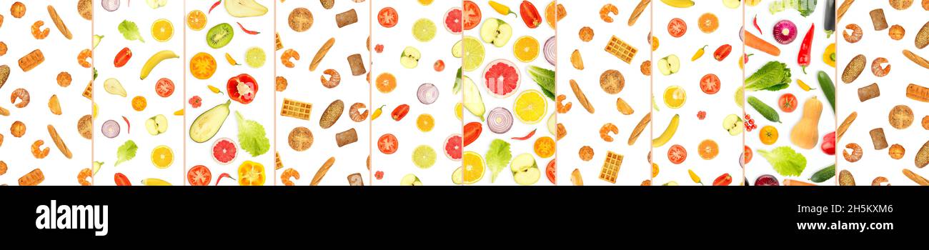 Delicious pattern from bread products, vegetables and fruits isolated ...