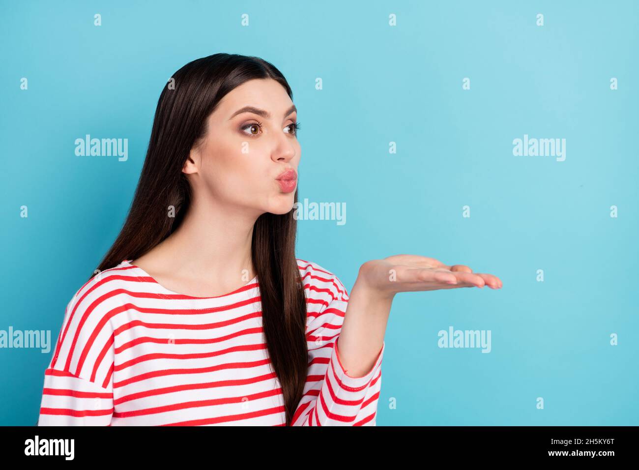 Profile Side View Portrait Of Attractive Amorous Girl Sending Air Kiss