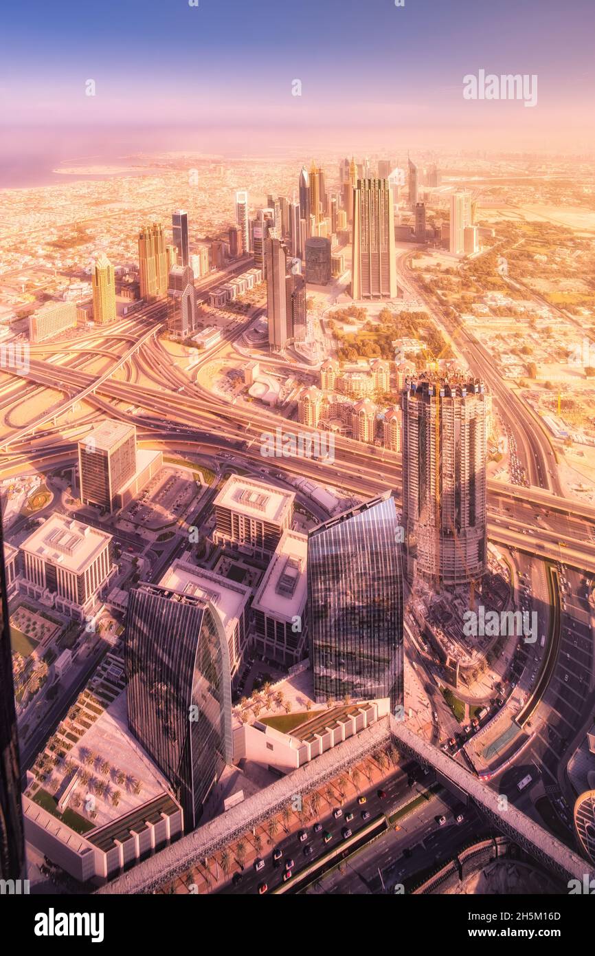 View of Sheikh Zayed Road skyscrapers and Dubai downtown from Burj ...