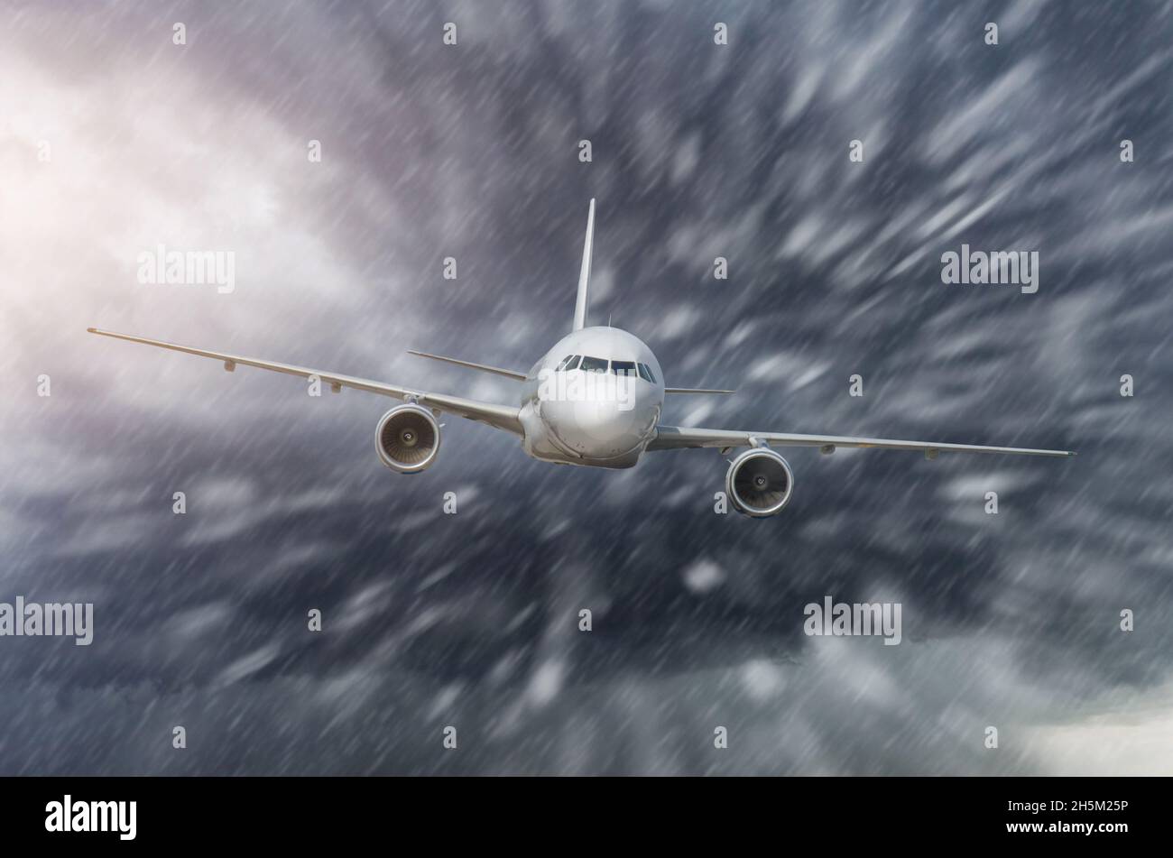 Airplane approach at the airport landing in bad weather strong wind ...