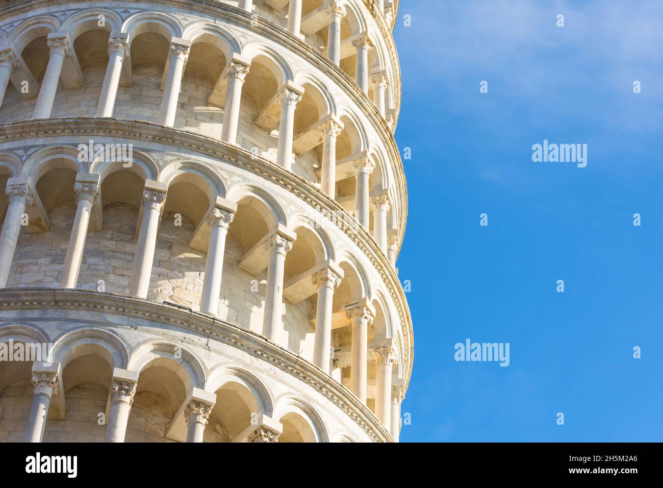 The Leaning Tower of Pisa, Italy, detailed view from close up, arches ...