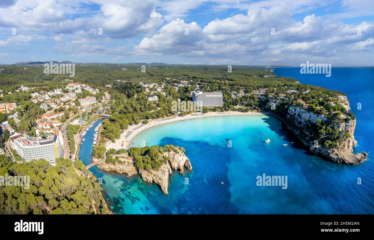 Landscape with aerial view of Cala Galdana beach, Menorca island, Spain ...