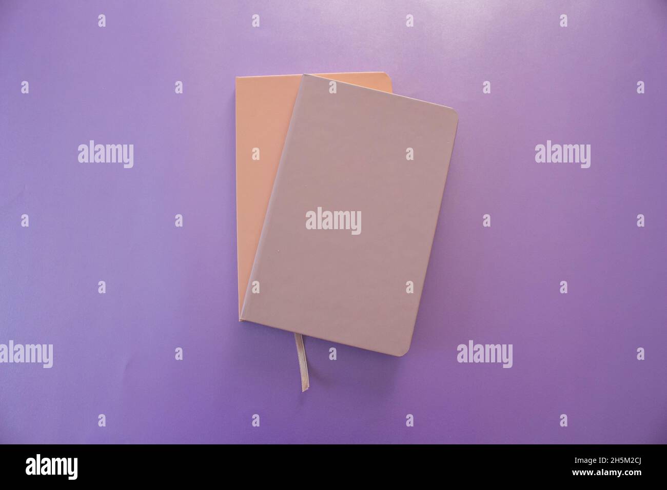 Two notebook, top view of two notebook isolated on purple background ...