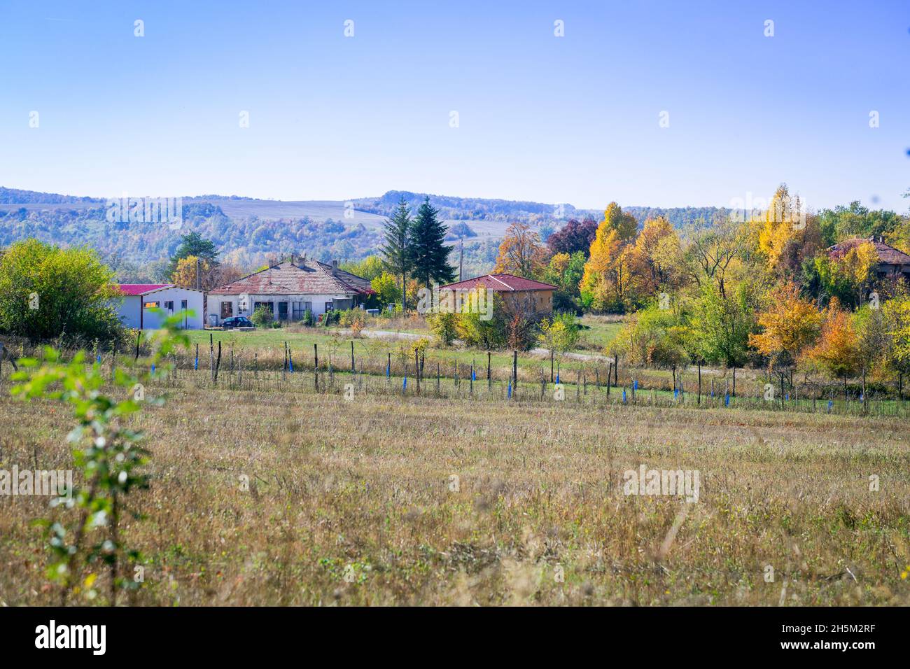 House of a mountain village with field and trees hi-res stock ...