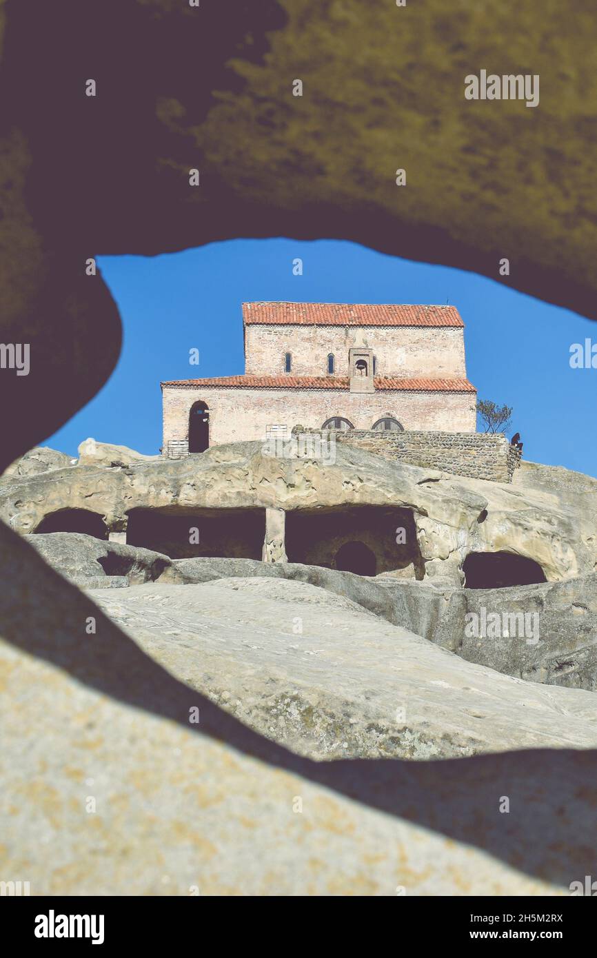 The Uplistsikhe cave complex near Gori, Georgia. Three-nave basilica ...