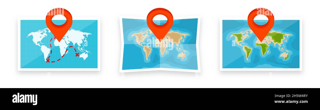 Folded world maps in a flat style. Simplified paper map with red ...
