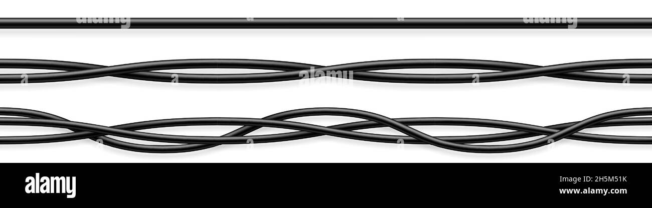 Set of black flexible cables with shadow. Electrical wire. Realistic ...