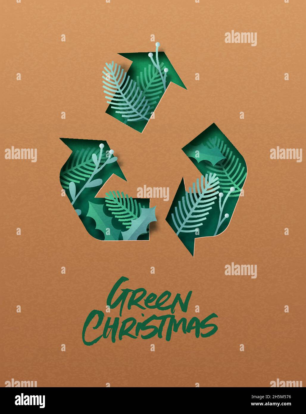 Green Christmas greeting card illustration of 3d papercut upcycle arrow ...