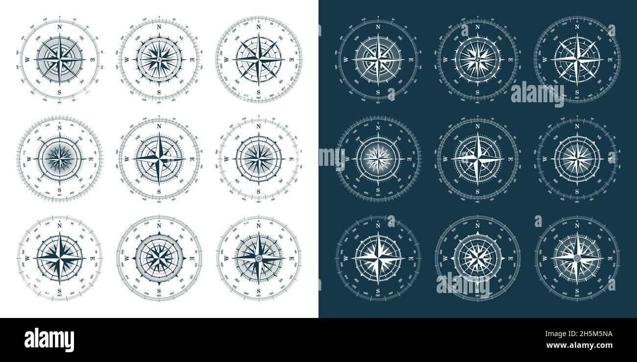 Vintage marine wind rose, nautical chart. Monochrome navigational ...