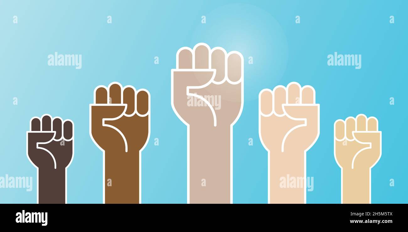 Multiracial fists hands up vector illustration. Concept of unity ...
