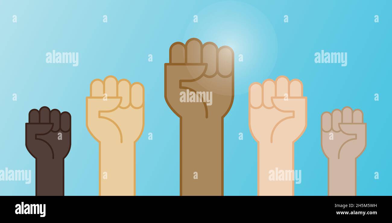 Multiracial fists hands up vector illustration. Concept of unity ...