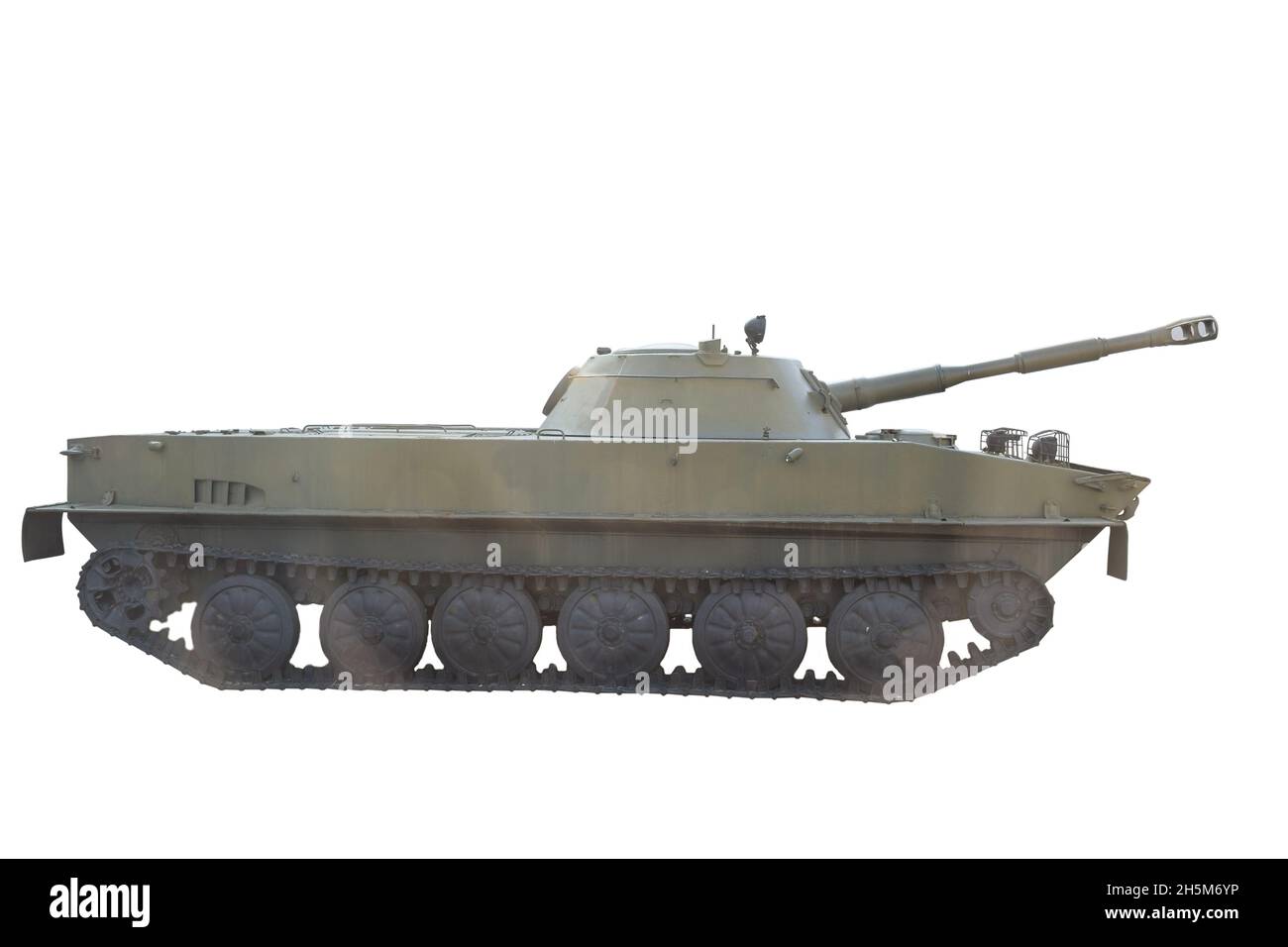 Old Soviet tank in olive color photographed from the side on a white ...