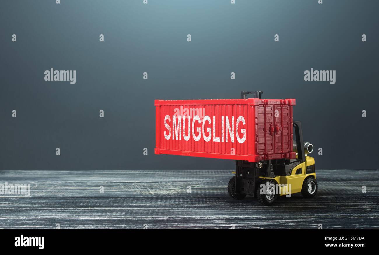 Forklift with smuggling of container. International trade smuggling ...