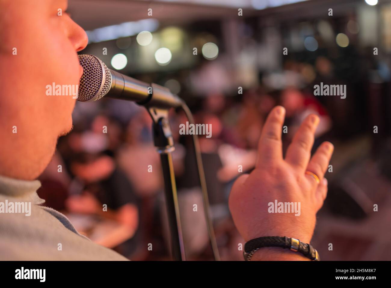 Viewer crowded audience speak with speaker in microphone. Participant ...