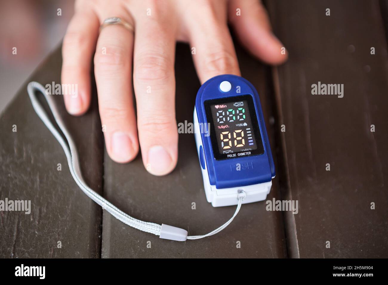 Using Oximeter For Monitoring Peripheral Oxygen Saturation Close Up View Unit Is Attached On