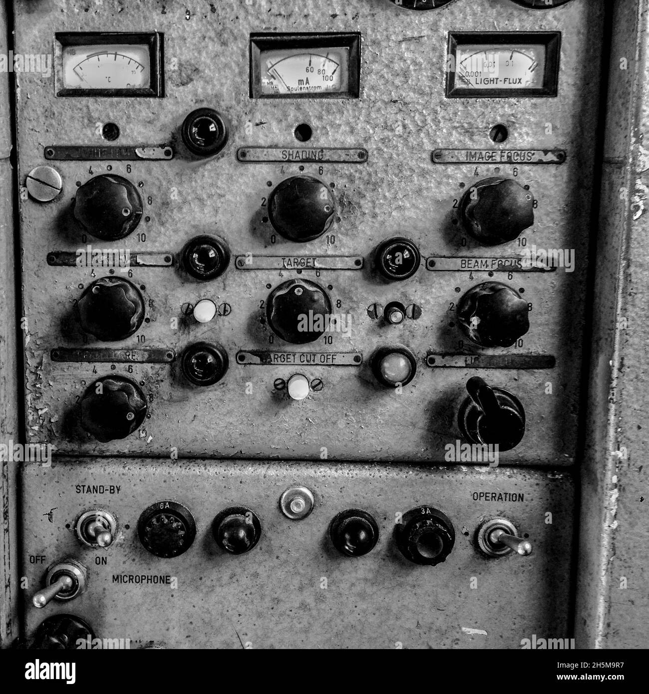 Grayscale shot of the old analog television control room panel Stock ...