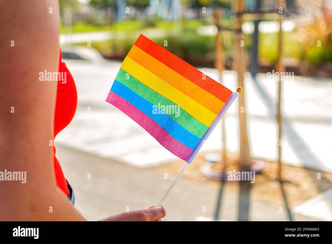 Person's hand holding the Rainbow Pride Flag Stock Photo - Alamy