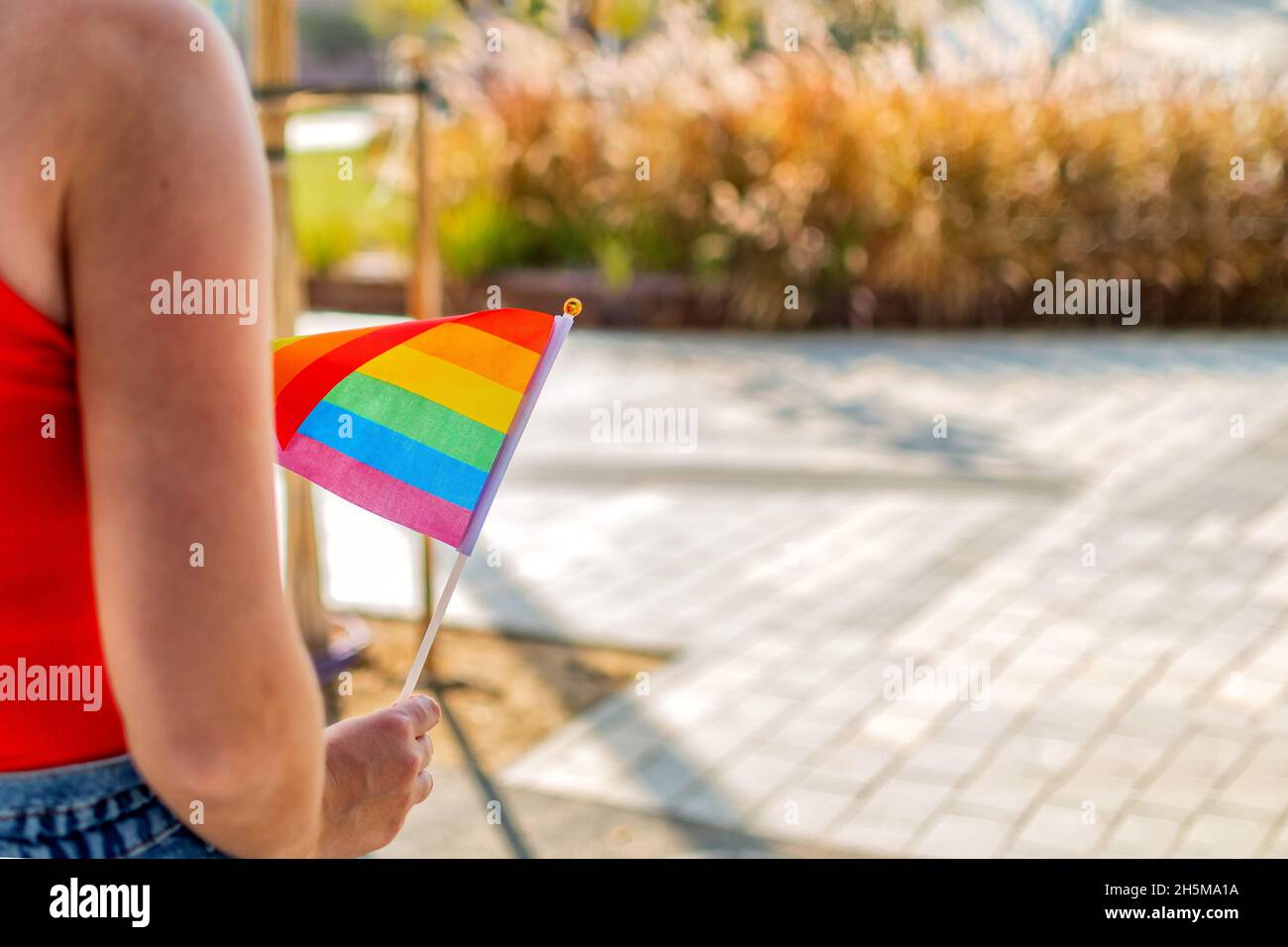 Person's hand holding the Rainbow Pride Flag Stock Photo - Alamy