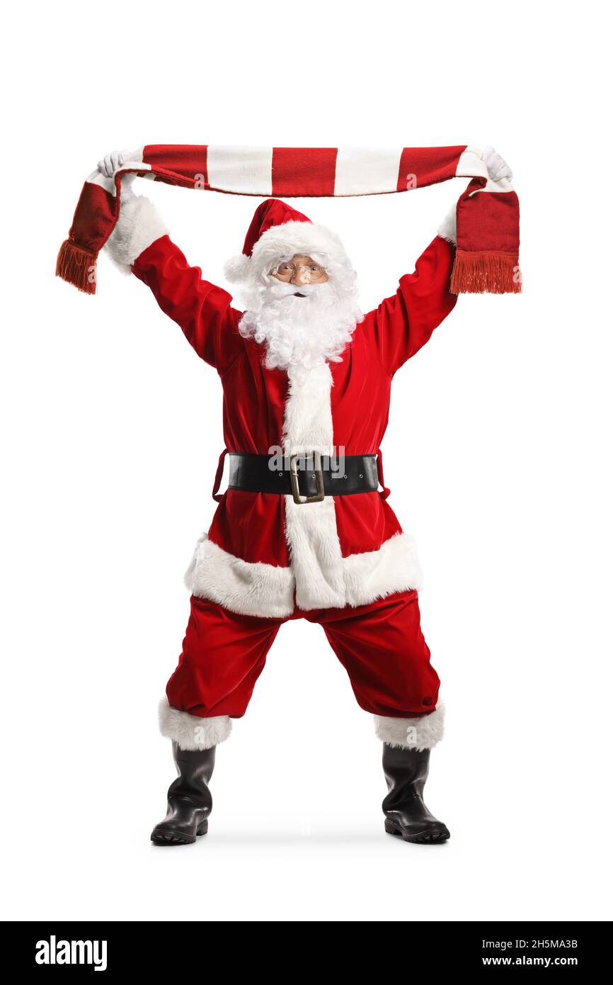Santa claus cheering with a football scarf isolated on white background ...